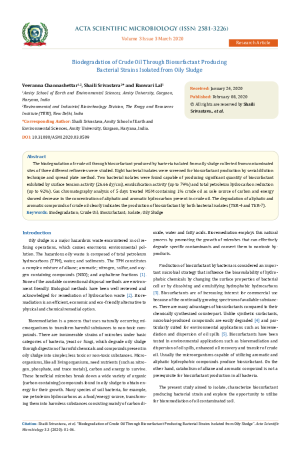 (PDF) Biodegradation of Crude Oil Through Biosurfactant Producing Bacterial Strains Isolated ...