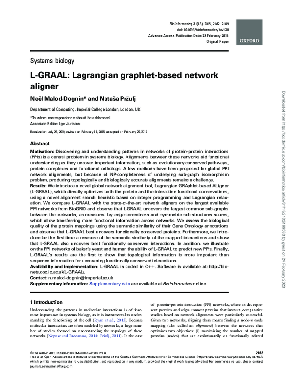 (PDF) L-GRAAL: Lagrangian graphlet-based network aligner | Natasa Przulj - Academia.edu