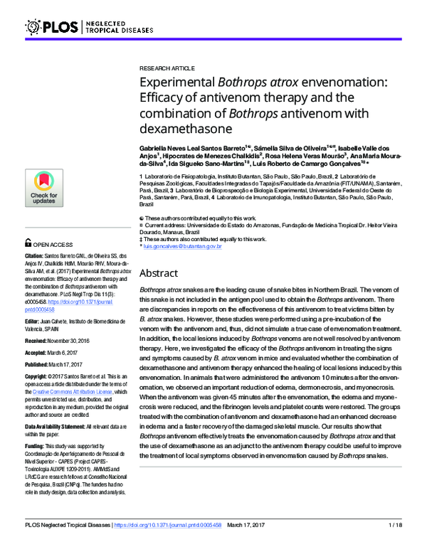 (PDF) Experimental Bothrops atrox envenomation: Efficacy of antivenom ...