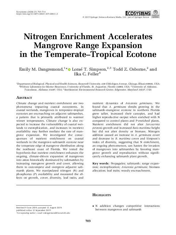 (PDF) Nitrogen Enrichment Accelerates Mangrove Range Expansion in the ...