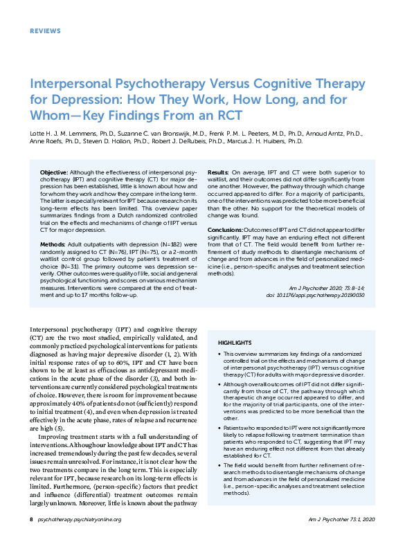 (PDF) Interpersonal Psychotherapy Versus Cognitive Therapy for ...