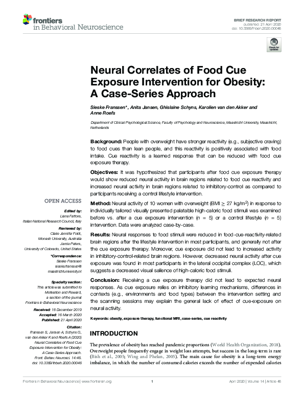 (PDF) Neural Correlates of Food Cue Exposure Intervention for Obesity ...
