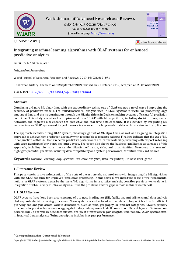 (PDF) Integrating machine learning algorithms with OLAP systems for enhanced predictive analytics