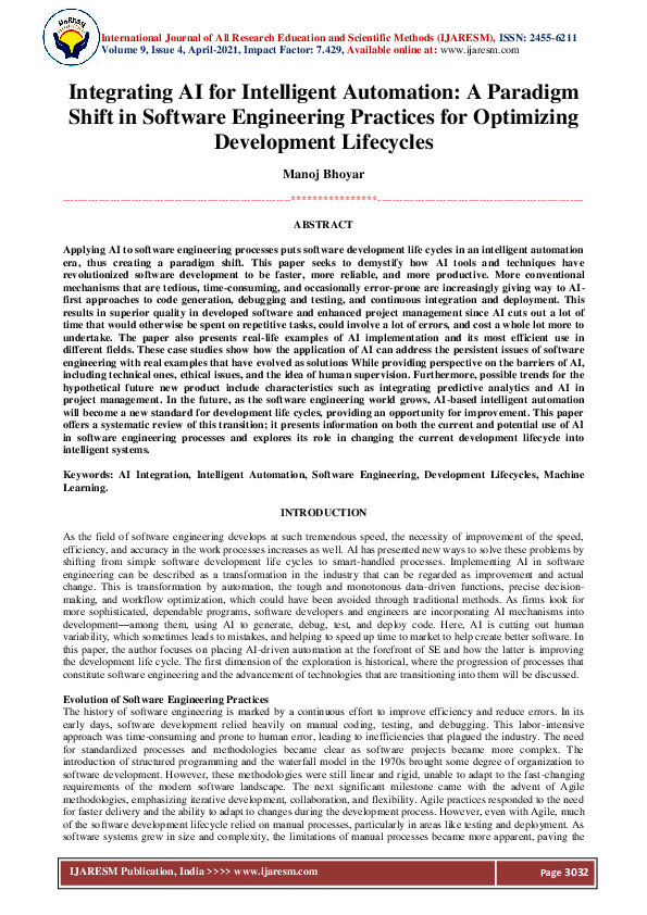 (PDF) Integrating AI for Intelligent Automation: A Paradigm Shift in Software Engineering ...
