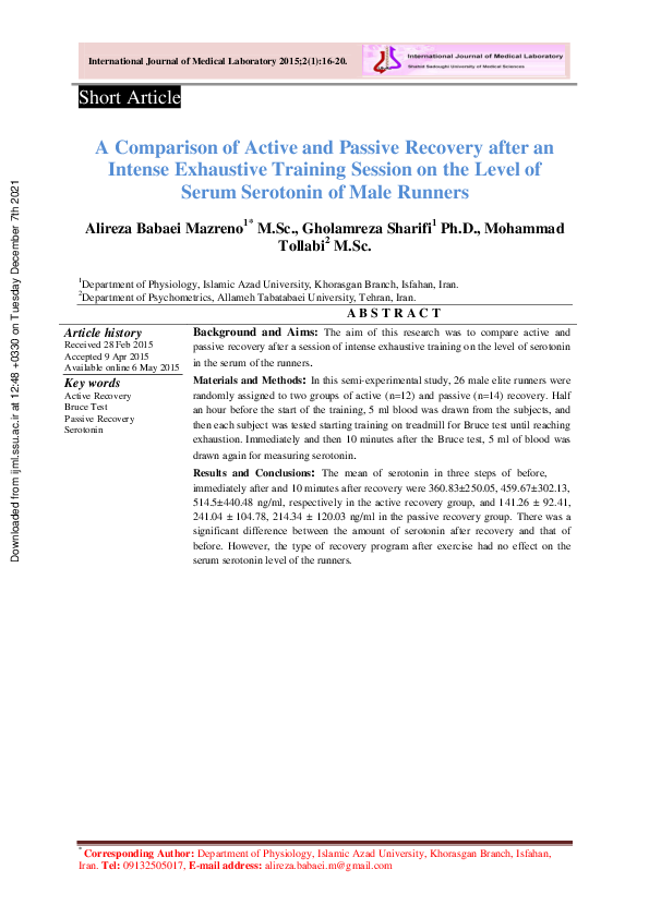 (PDF) The Comparison of Active and Passive Recovery after an Intense ...