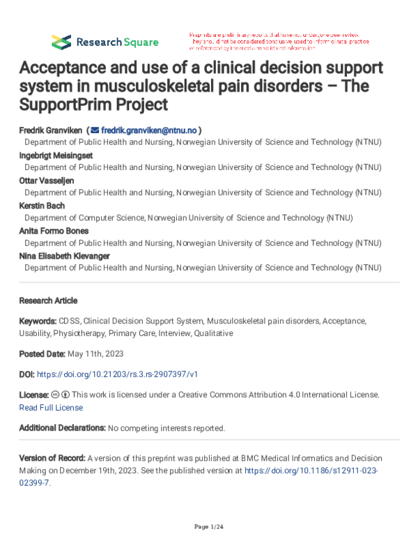 (PDF) Acceptance and use of a clinical decision support system in musculoskeletal pain disorders ...