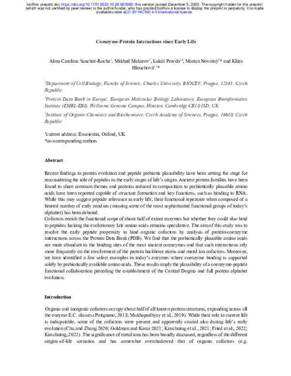 (PDF) Coenzyme-Protein Interactions since Early Life