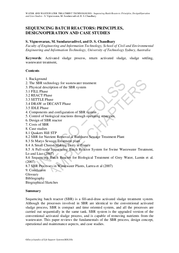 (PDF) Sequencing Batch Reactors: Principles, Design/Operation and Case Studies
