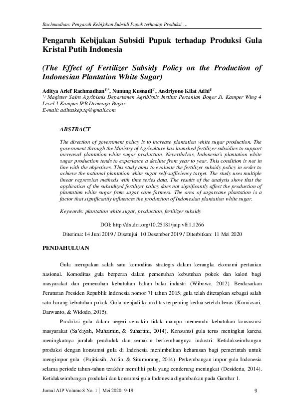 (PDF) Pengaruh Kebijakan Subsidi Pupuk terhadap Produksi Gula Kristal ...