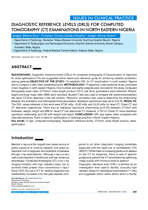 (PDF) DIAGNOSTIC REFERENCE LEVELS (DRLs) For COMPUTED TOMOGRAPHY (CT) EXAMINATIONS IN NORTH ...