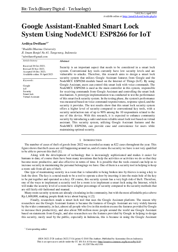 (PDF) Google Assistant-Enabled Smart Lock System Using NodeMCU ESP8266 for IoT
