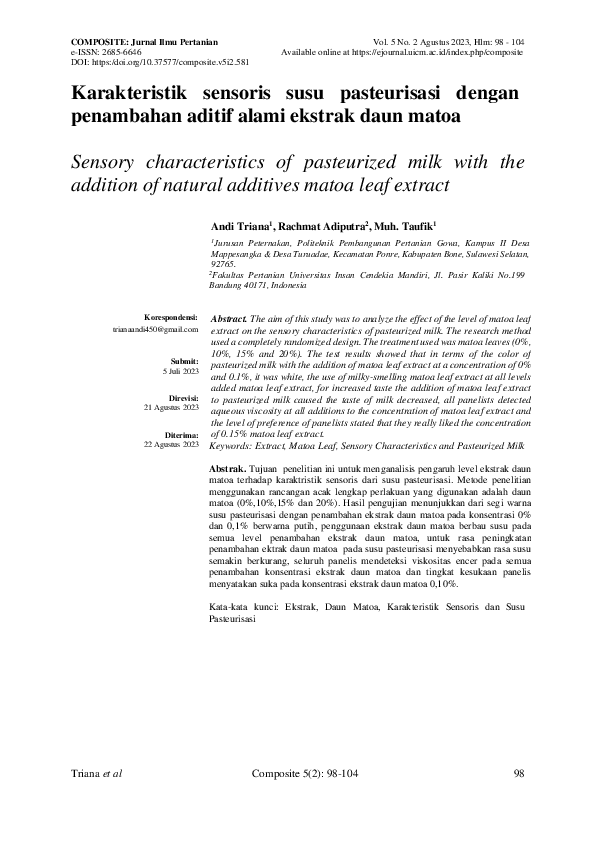 (PDF) Karakteristik sensoris susu pasteurisasi dengan penambahan aditif alami ekstrak daun matoa