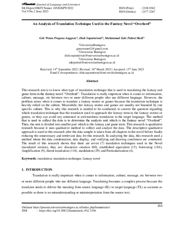 (PDF) An Analysis of Translation Technique Used in The Fantasy Novel ...