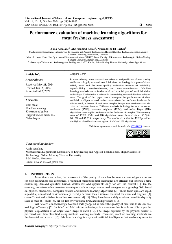 (PDF) Performance evaluation of machine learning algorithms for meat ...