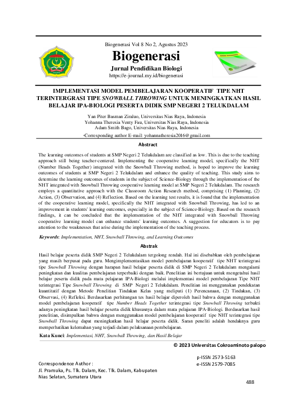 (PDF) Implementasi Model Pembelajaran Kooperatif Tipe Numbered Heads Together Terintergrasi Tipe ...