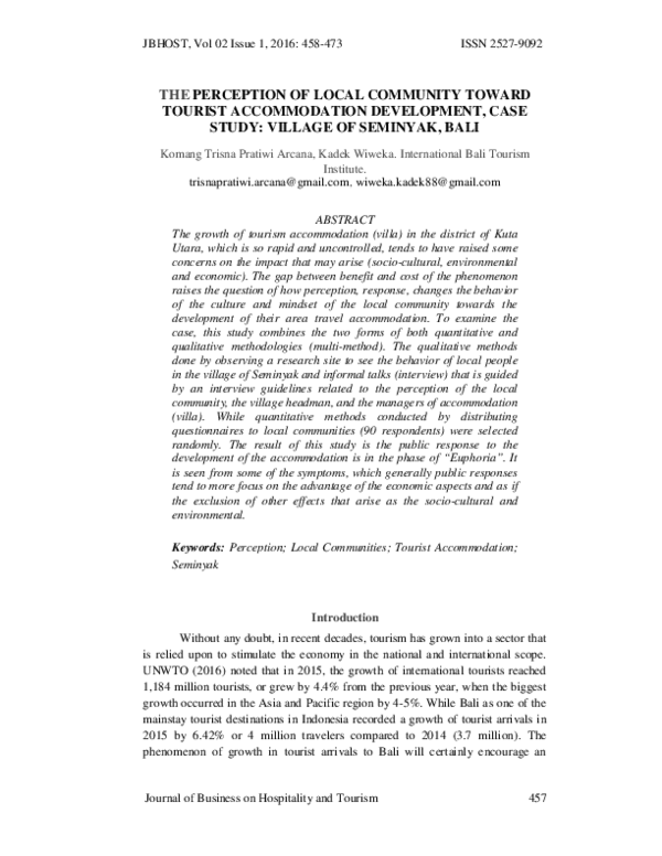 (PDF) The Perception of Local Community Toward Tourist Accommodation ...
