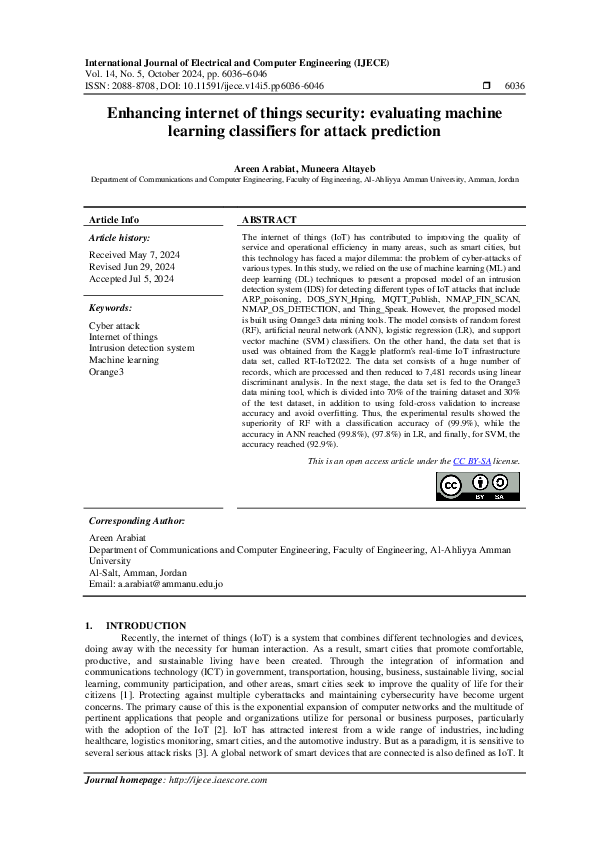 (PDF) Enhancing internet of things security: evaluating machine learning classifiers for attack ...