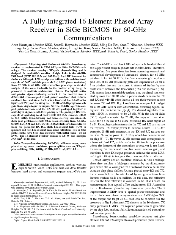 (PDF) A Fully-Integrated 16-Element Phased-Array Receiver in SiGe BiCMOS for 60-GHz Communications