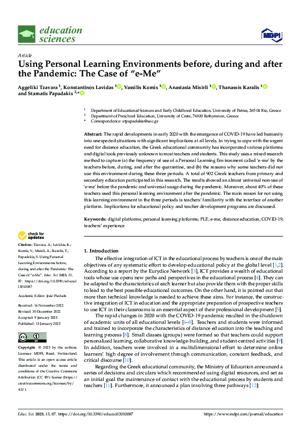 (PDF) Using Personal Learning Environments before, during and after the Pandemic: The Case of "e-Me"