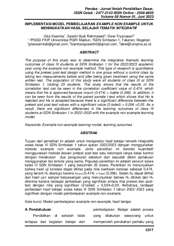 (PDF) Implementasi Model Pembelajaran Example Non Example Untuk Meningkatkan Hasil Belajar ...