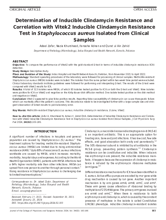 (PDF) Determination of Inducible Clindamycin Resistance and Correlation ...