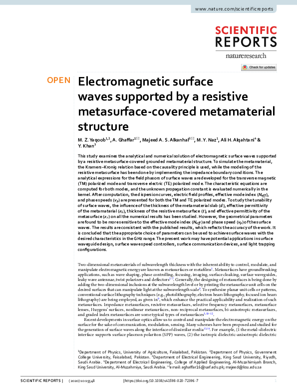 (PDF) Electromagnetic surface waves supported by a resistive metasurface-covered metamaterial ...
