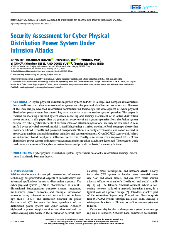 (PDF) Security Assessment for Cyber Physical Distribution Power System ...