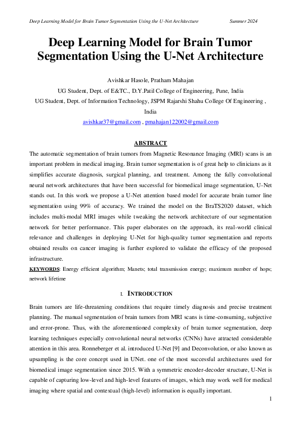 Pdf Deep Learning Model For Brain Tumor Segmentation Using The U Net Architecture