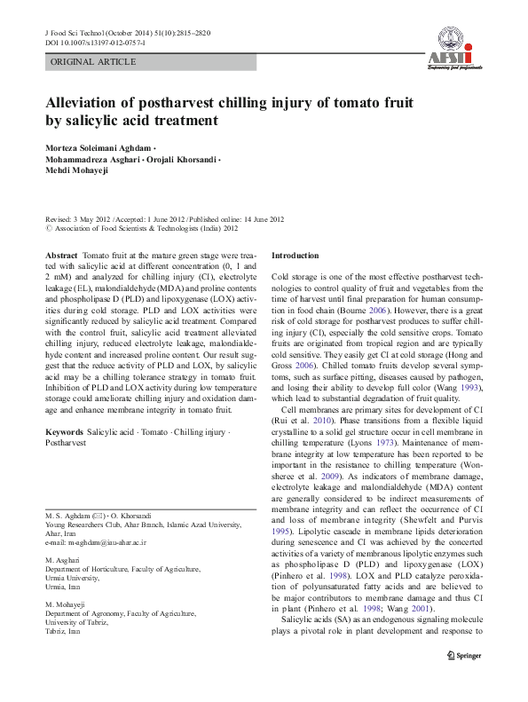 (PDF) Salicylic Acid Reduces Chilling Injury in Tomatoes