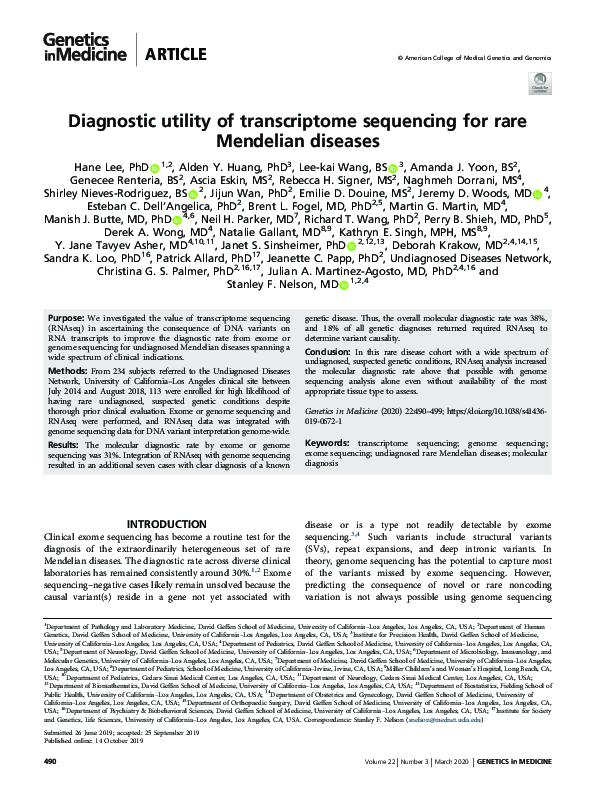 (PDF) Diagnostic utility of transcriptome sequencing for rare Mendelian ...