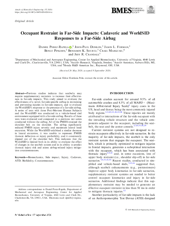 (PDF) Occupant Restraint in Far-Side Impacts: Cadaveric and WorldSID ...