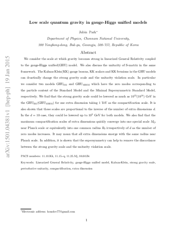 (PDF) Low scale quantum gravity in gauge-Higgs unified models