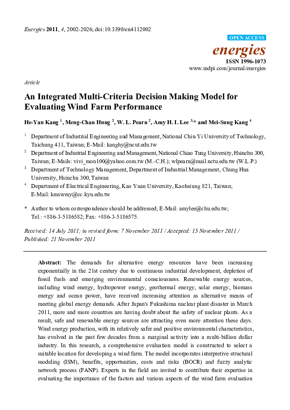 Pdf An Integrated Multi Criteria Decision Making Model For Evaluating Wind Farm Performance