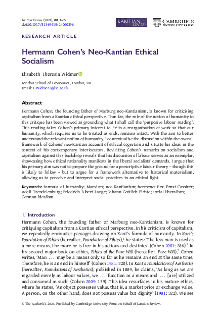 (PDF) Hermann Cohen's Neo-Kantian Ethical Socialism