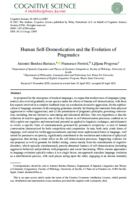 (PDF) Human self-domestication and the evolution of pragmatics
