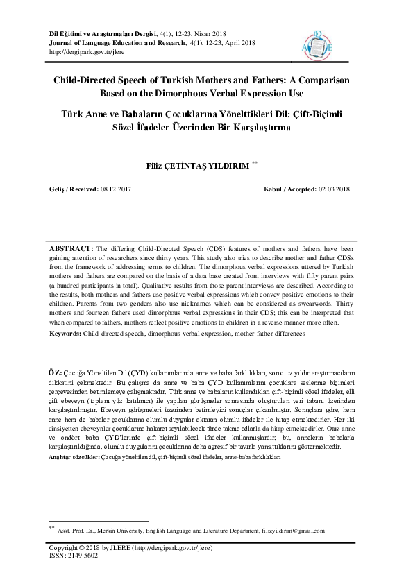 (PDF) Child-Directed Speech of Turkish Mothers and Fathers: A ...