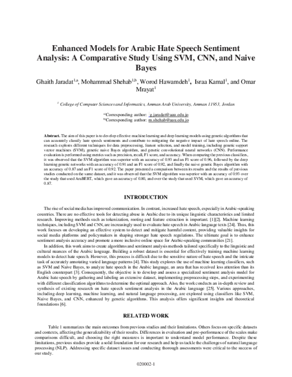 (PDF) Enhanced Models for Arabic Hate Speech Sentiment Analysis: A Comparative Study Using SVM ...