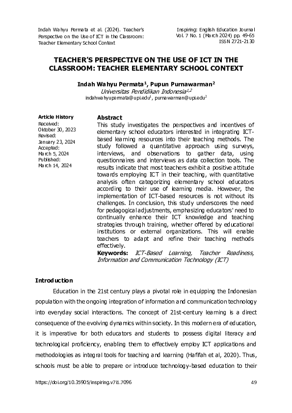 (PDF) Teacher’s Perspective on the Use of ICT in the Classroom: Teacher ...