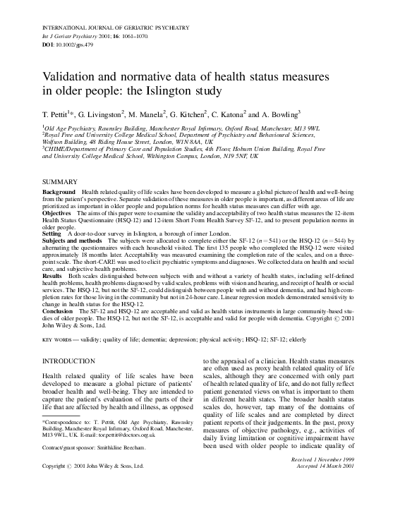 (PDF) Validation and normative data of health status measures in older ...