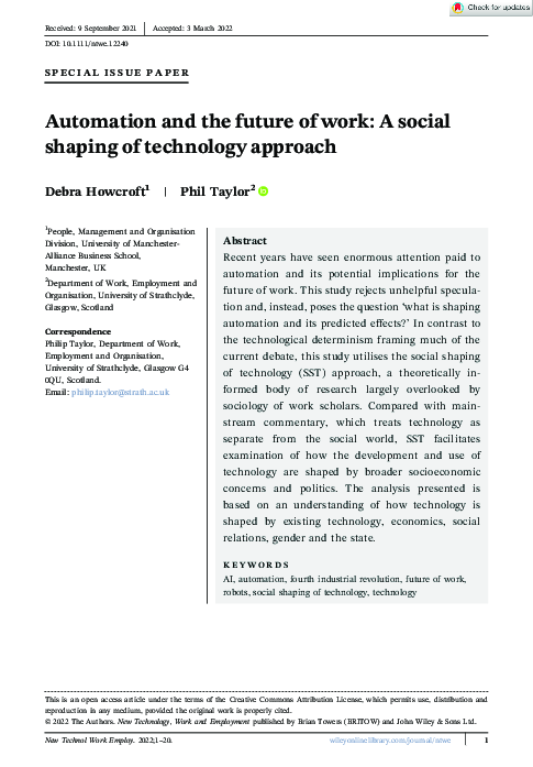 (PDF) Automation and the future of work: A social shaping of technology ...