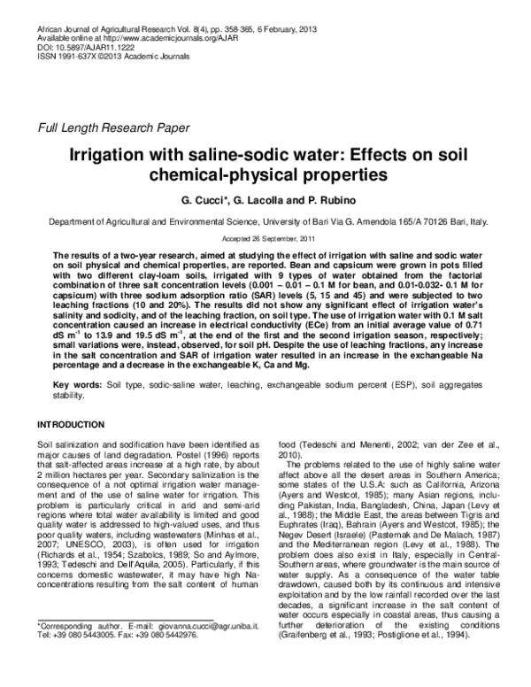 (PDF) Irrigation with saline-sodic water: Effects on soil chemical-physical properties