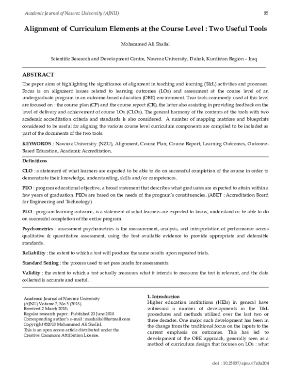 (PDF) 2018 Alignment of Curriculum Elements at the Course Level : Two ...