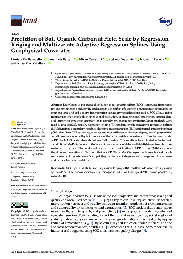 (PDF) Prediction of Soil Organic Carbon at Field Scale by Regression Kriging and Multivariate ...