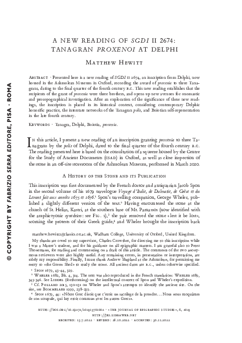 (PDF) A NEW READING OF SGDI II 2674: TANAGRAN PROXENOI AT DELPHI