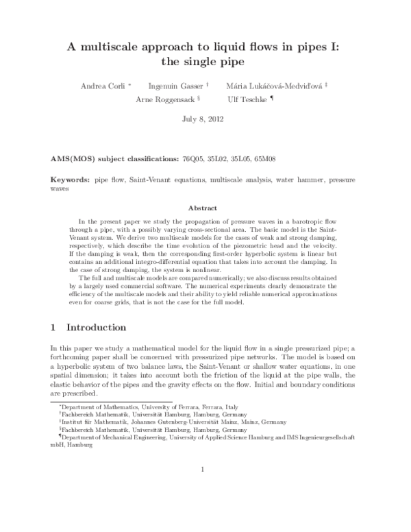 (PDF) A multiscale approach to liquid flows in pipes I: The single pipe