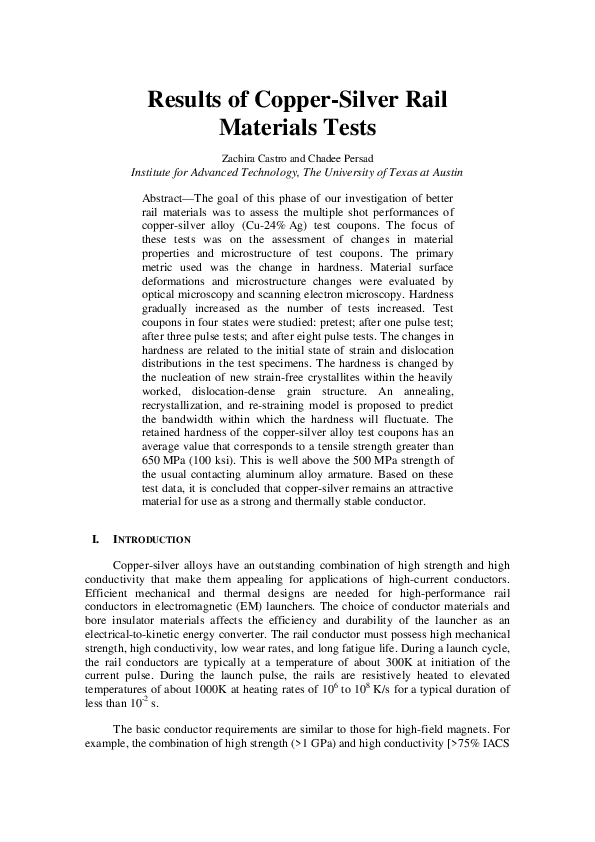 (PDF) Results of Copper–Silver Rail Materials Tests
