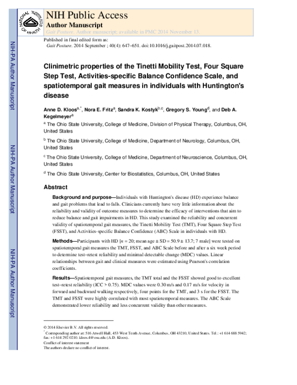 (PDF) Clinimetric properties of the Tinetti Mobility Test, Four Square ...