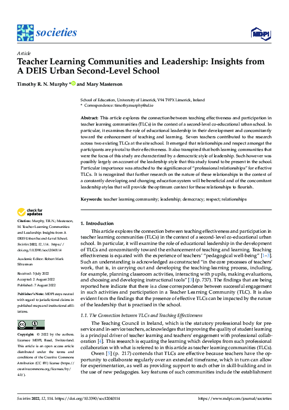 (PDF) Teacher Learning Communities and Leadership: Insights from A DEIS Urban Second-Level School