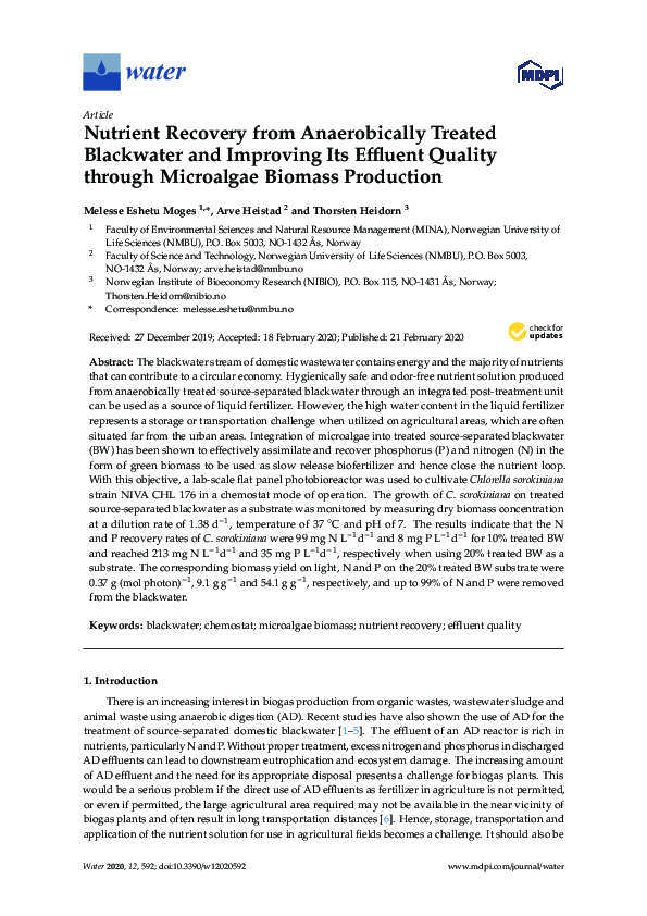 (PDF) Nutrient Recovery from Anaerobically Treated Blackwater and Improving Its Effluent Quality ...
