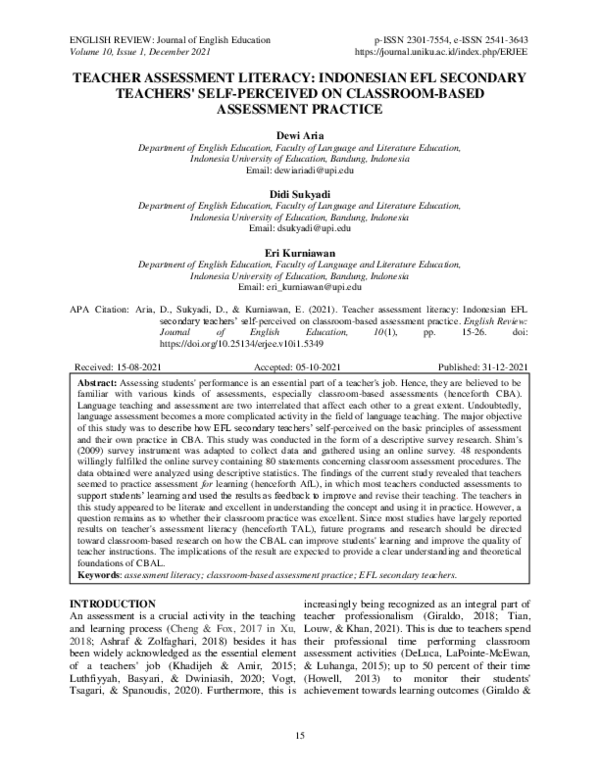 (PDF) Teacher Assessment Literacy: Indonesian Efl Secondary Teachers ...